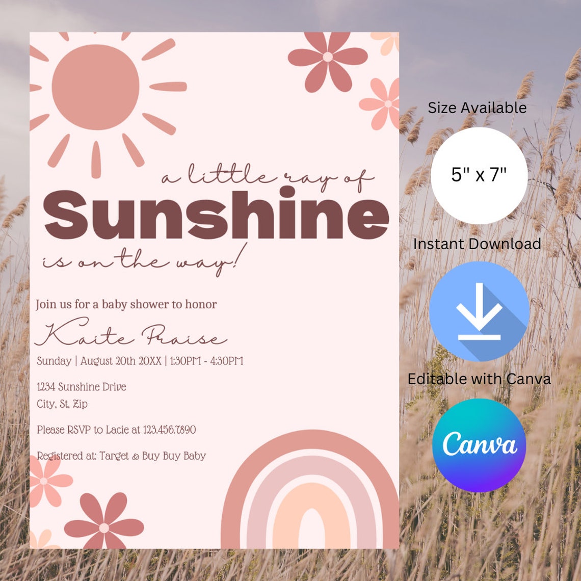 Sunshine Baby Shower Invitation: Editable Template (digital Download ...