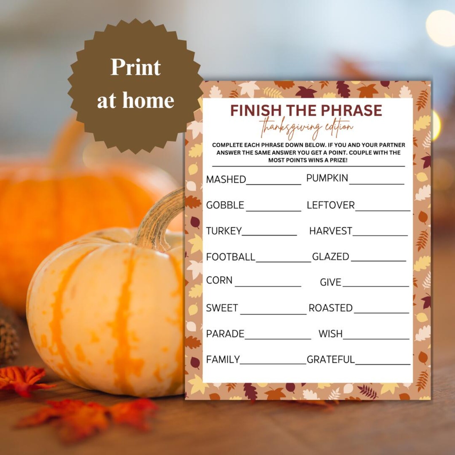 Thanksgiving Finish the Phrase Game: Printable Party Activity (digital ...