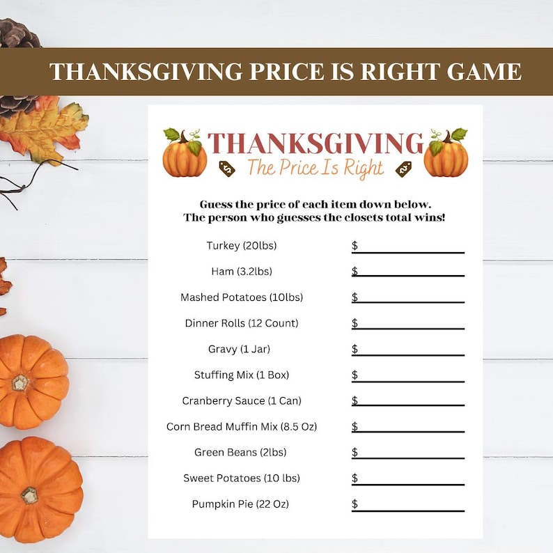 Thanksgiving Price is Right Game | Thanksgiving Adult Party Game ...