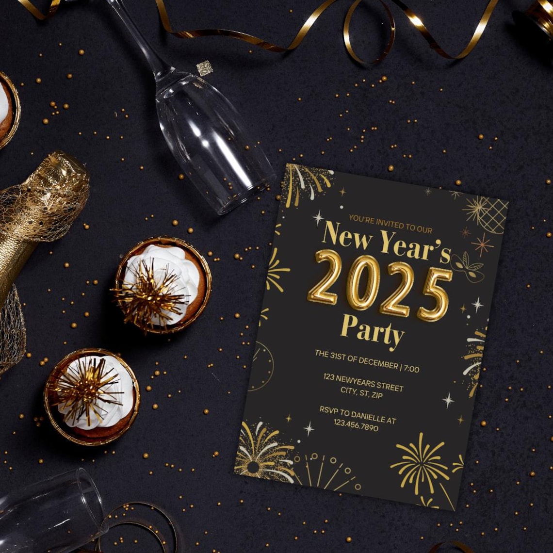 2025 New Years Party Invitation Template | Black and Gold New Years ...