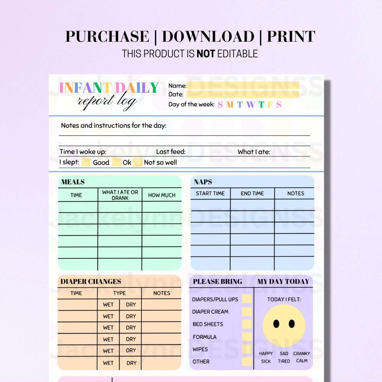 Printable Infant Daily Care Log: Babysitter Daycare Report (PDF ...