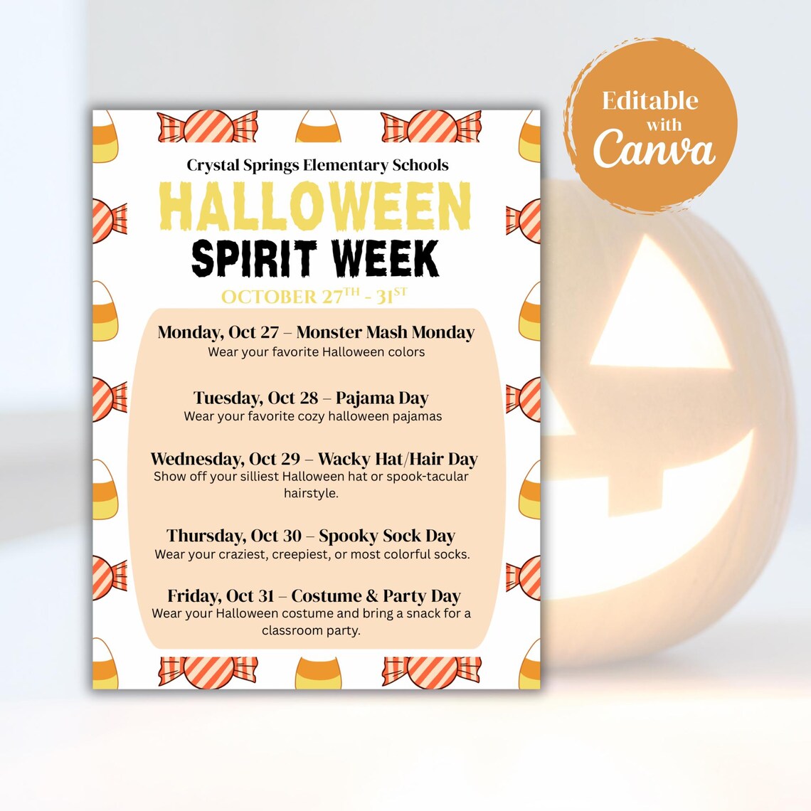 Halloween Spirit Week Flyer Template: Editable School Event Schedule ...