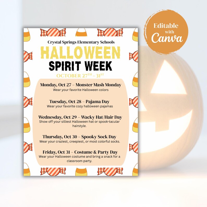 Halloween Spirit Week Flyer Template: Editable School Event Schedule ...