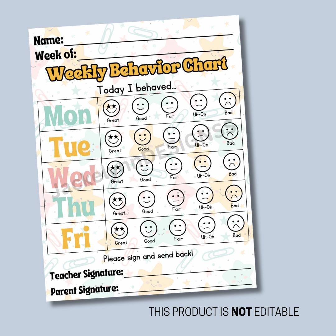 Printable Weekly Behavior Chart for Kids: Classroom Management (digital ...