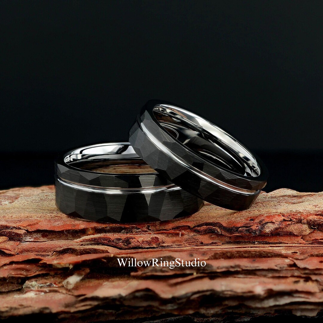 Silver Thin Line Couples Hammered Black Tungsten Wedding Ring, Couples ...