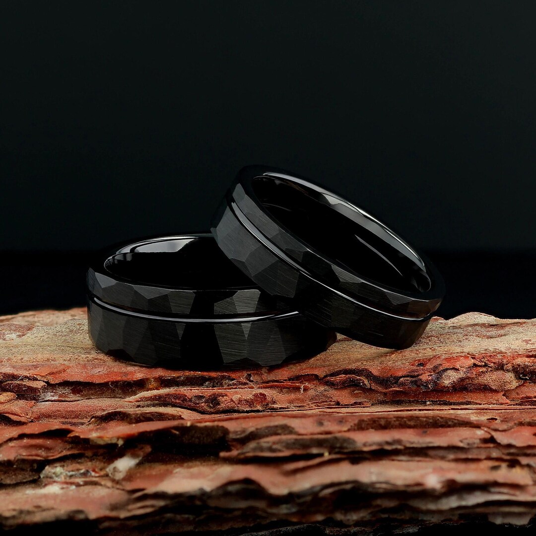 Black Thin Line Couples Hammered Black Tungsten Wedding Ring, Couples ...