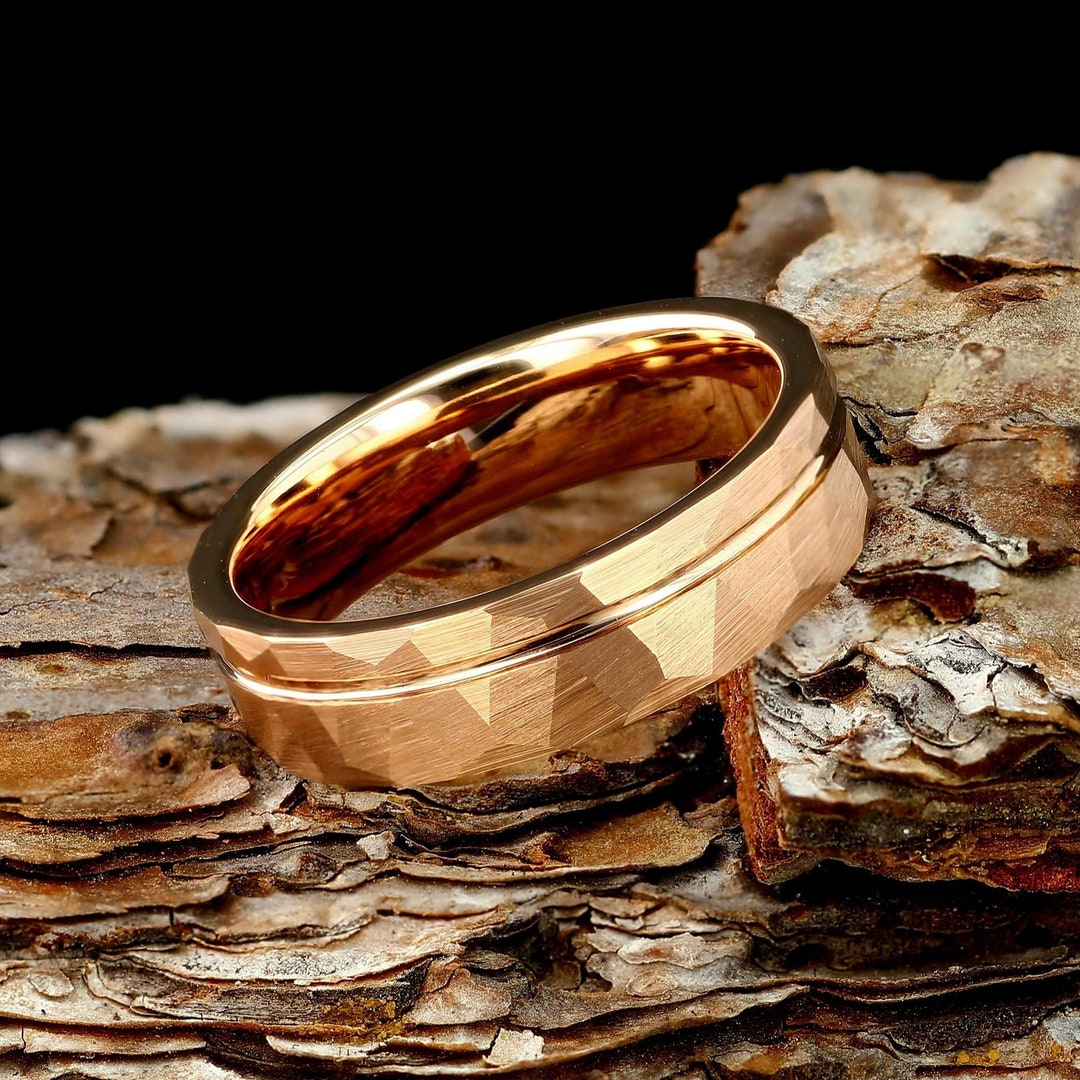 Thin Rose Gold Line Strip Mens 6mm, Hammered Rose Gold Tungsten Wedding ...