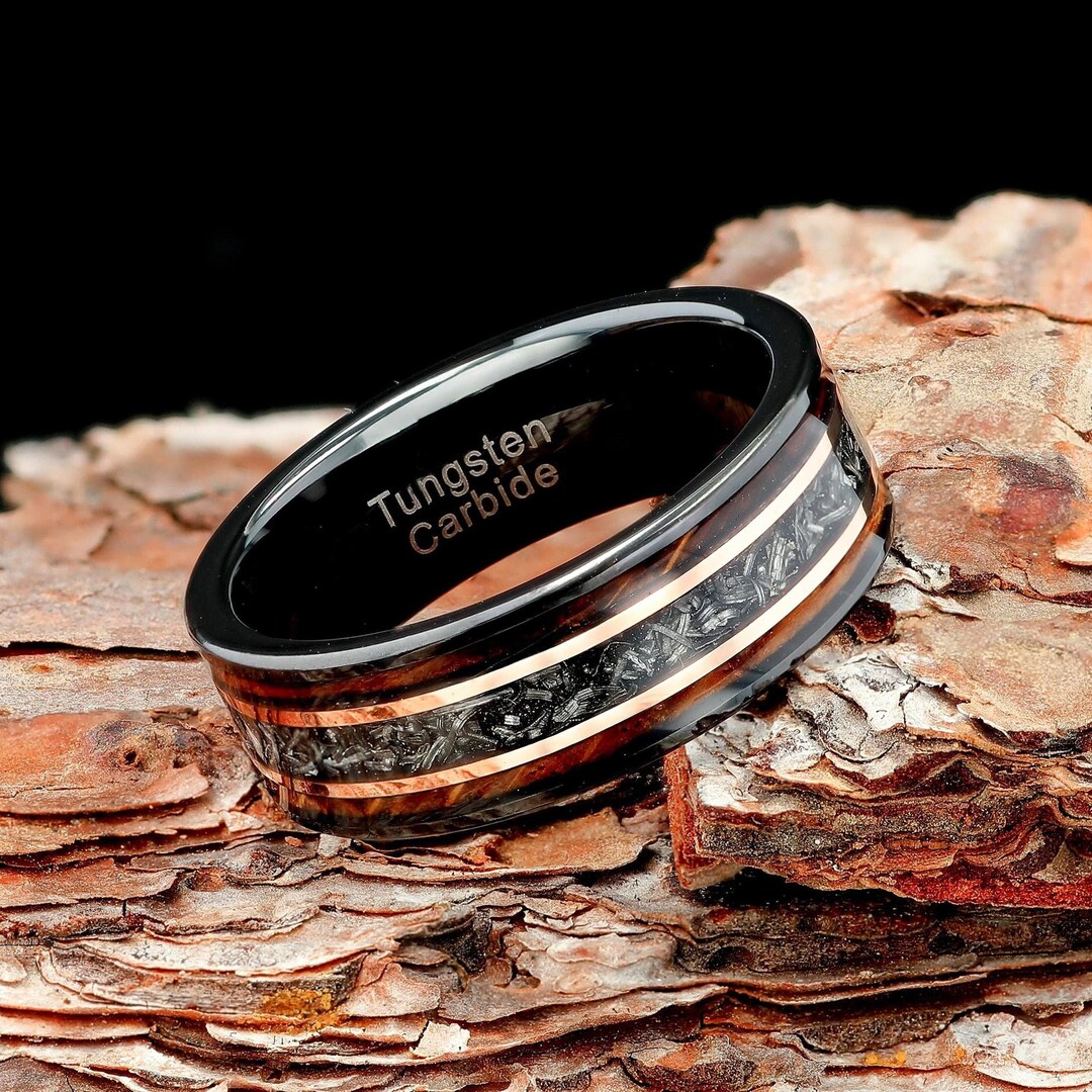 Meteorite With Charred Whiskey Barrel Wood Mens 8mm Tungsten Wedding ...