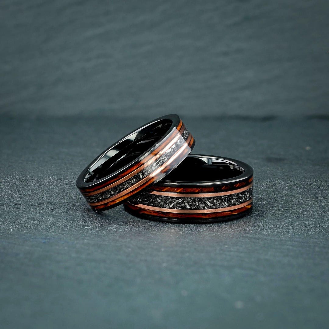 Meteorite With Charred Whiskey Barrel Wood Ring, Black Tungsten Wedding ...