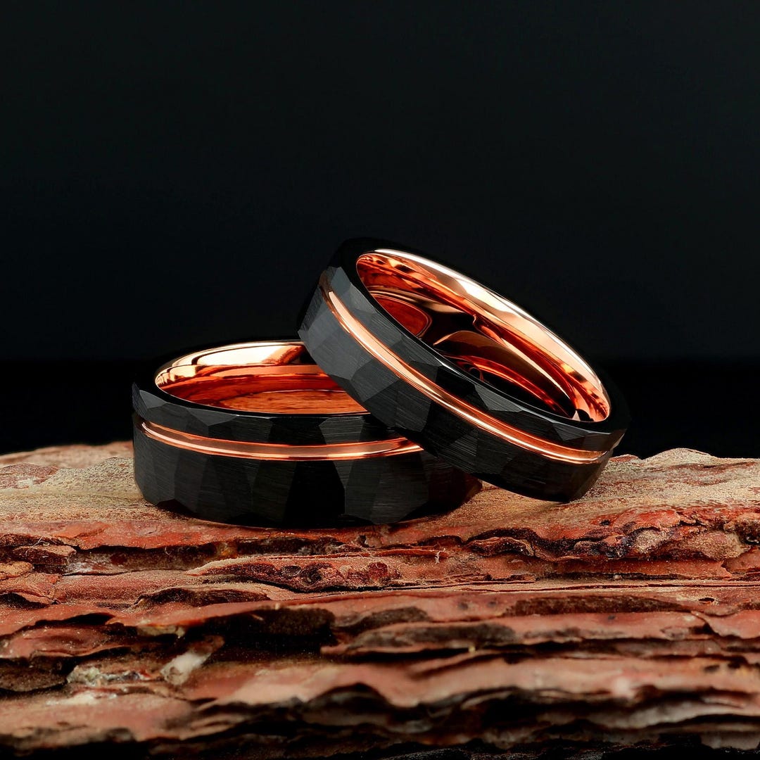 Rose Gold Thin Line Couples Hammered Black Tungsten Wedding Ring ...