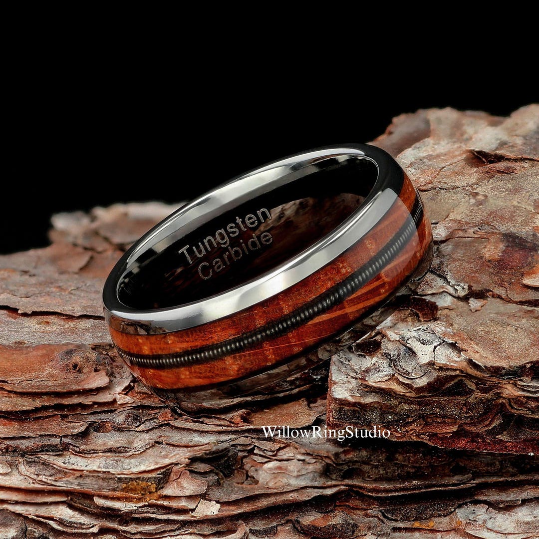 Guitar String With Whiskey Barrel Wood Men 8mm Tungsten Wedding Ring ...
