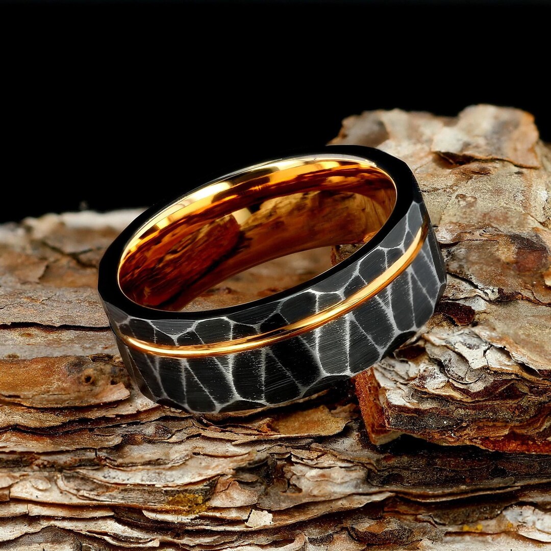Thin Rose Gold Line Strip Mens 8mm, Distressed Hammered Rose Gold ...