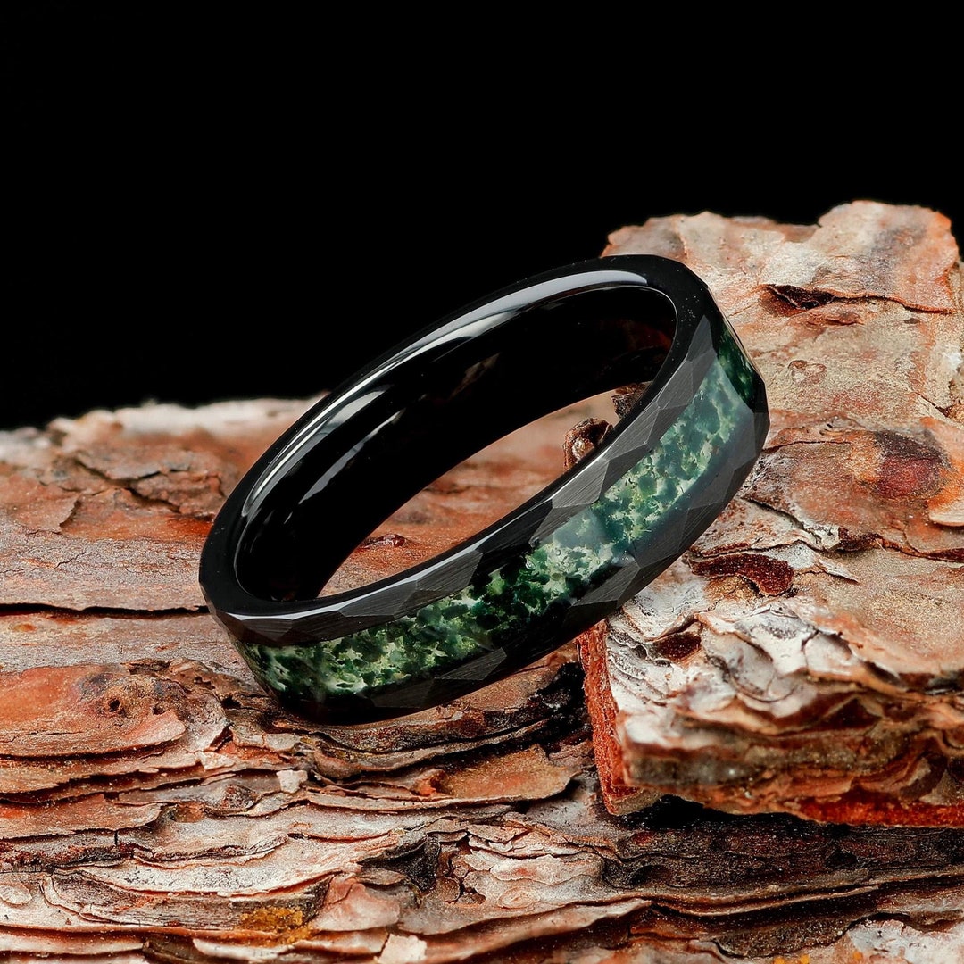 Moss Agate Mens 6mm Black Hammered Tungsten Wedding Ring, Natural Eco ...