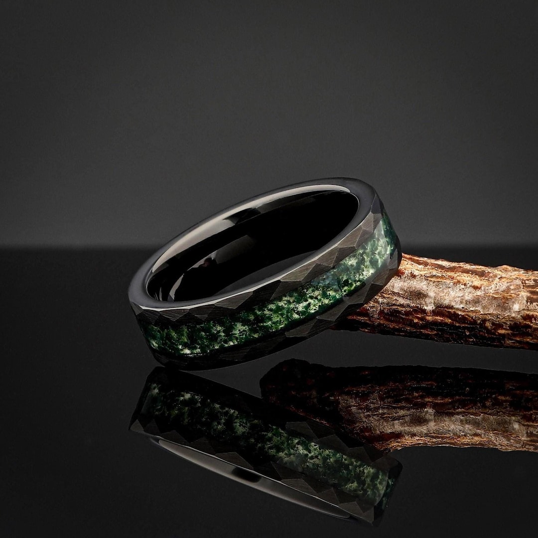 Hammered Black Tungsten Ring, Moss Agate, Mens Wedding Ring, Mens ...