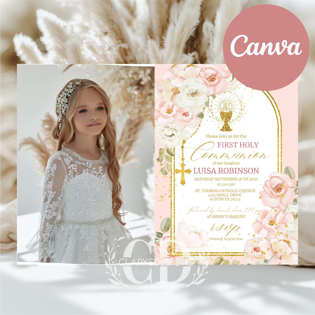 First Holy Communion Invitation Girl, Pink Gold Communion Invitation ...