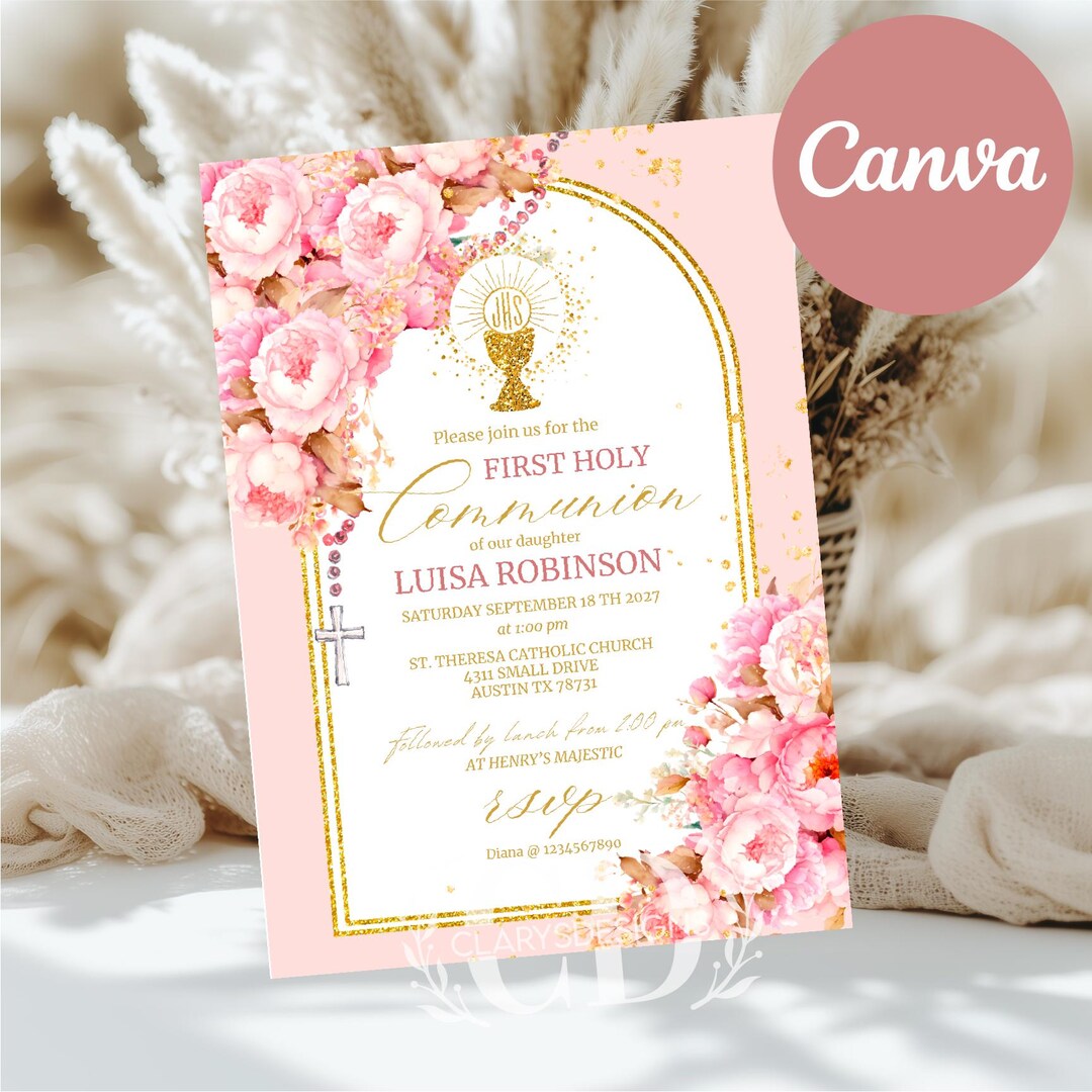 Pink Gold Rosary First Holy COMMUNION Girl Invitation Template EDITABLE ...