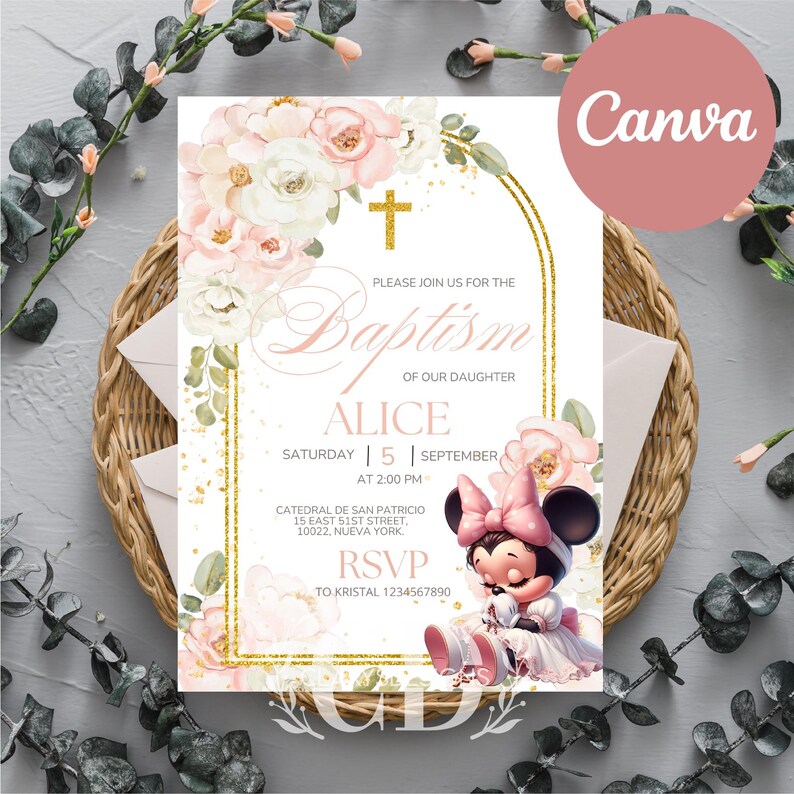 Minnie Mouse Christening Invitation, Minnie Baptism Invite, Minnie ...