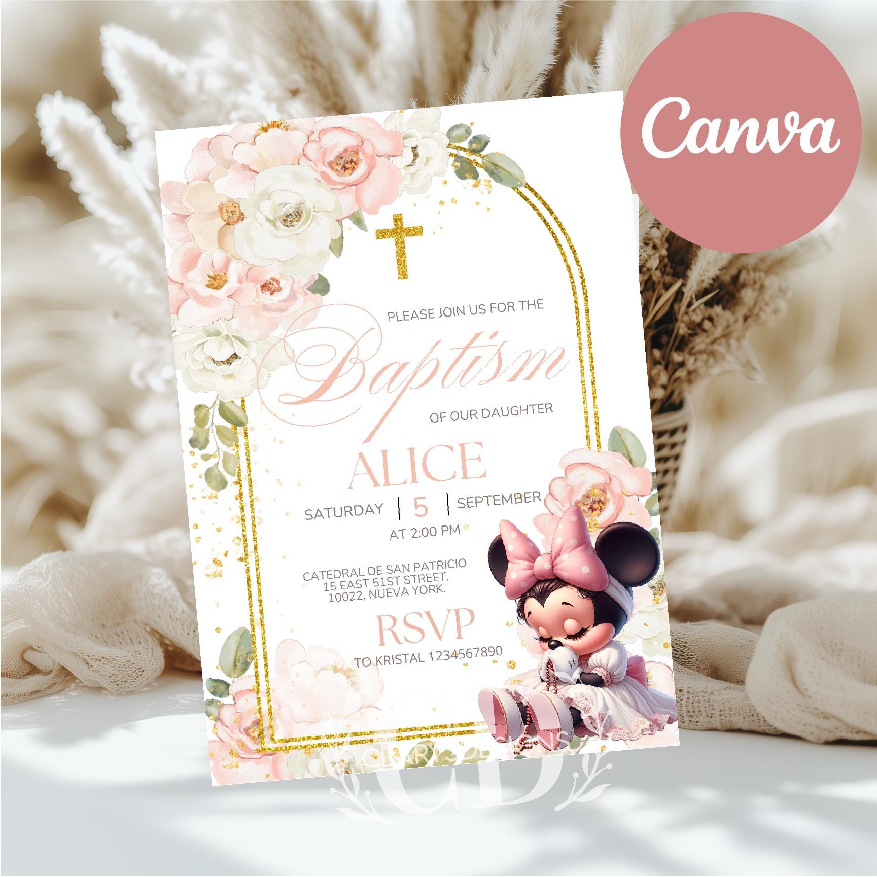 Minnie Mouse Christening Invitation, Minnie Baptism Invite, Minnie ...
