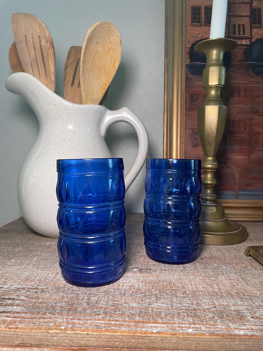 Set of 2 Vintage MCM Cobalt Blue Tumbler Drinking Glasses With Diamond ...