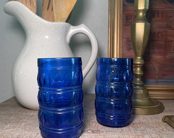 Set of 2 Vintage MCM Cobalt Blue Tumbler Drinking Glasses With Diamond ...