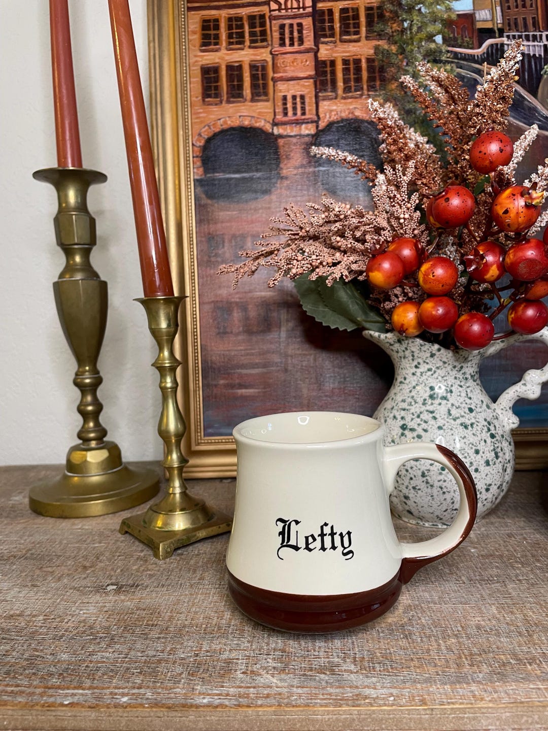 Vintage 1970s lefty Two-toned Ceramic Mug, Old English Font, Brown and ...