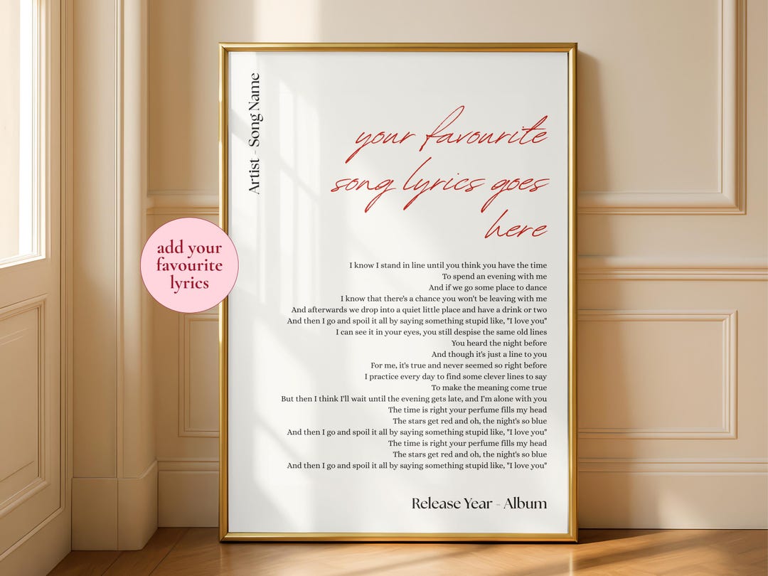 Personalised Lyrics Poster, Printable Wedding Gift, Music Poster ...