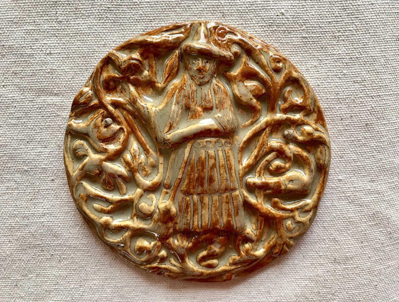 Tuscan Witch Round Tile Witch With Broom Vines Carved Bas | Etsy