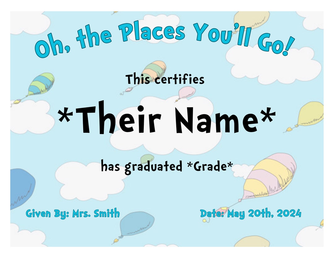 Edit on Canva, oh the Places You'll Go Diploma, Pre-k Certificate, Dr ...