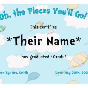 Edit on Canva, oh the Places You'll Go Diploma, Pre-k Certificate, Dr ...