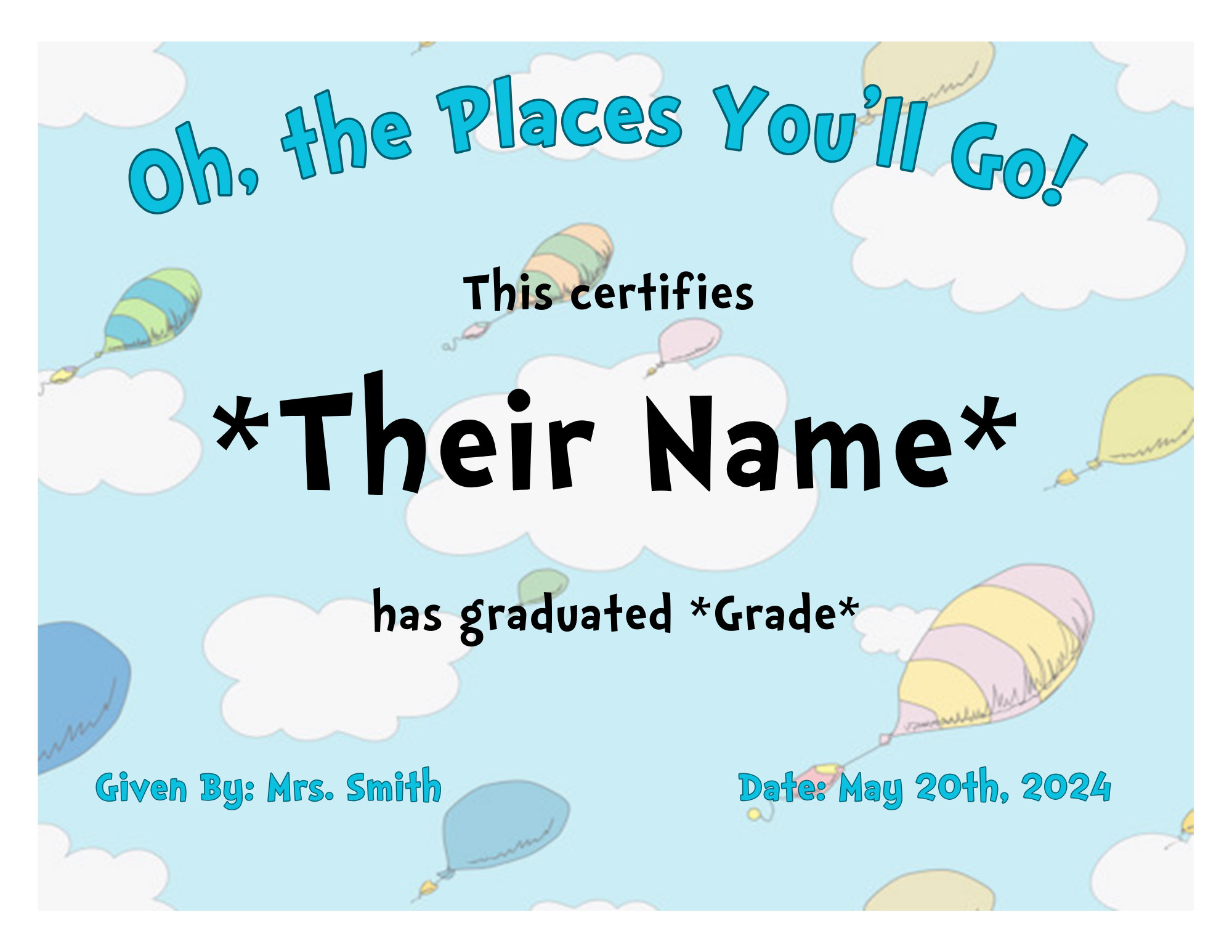 Edit on Canva, "oh the Places You'll Go" Diploma, Pre-k Certificate, Dr ...