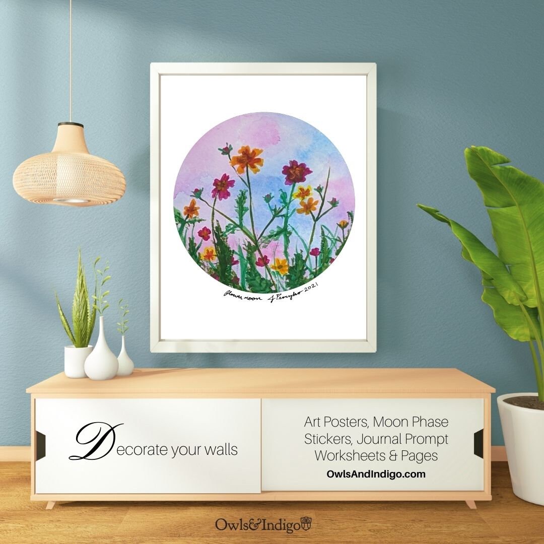 DIGITAL Flower Moon Artwork Watercolor Print, Boho Wildflower Moon ...