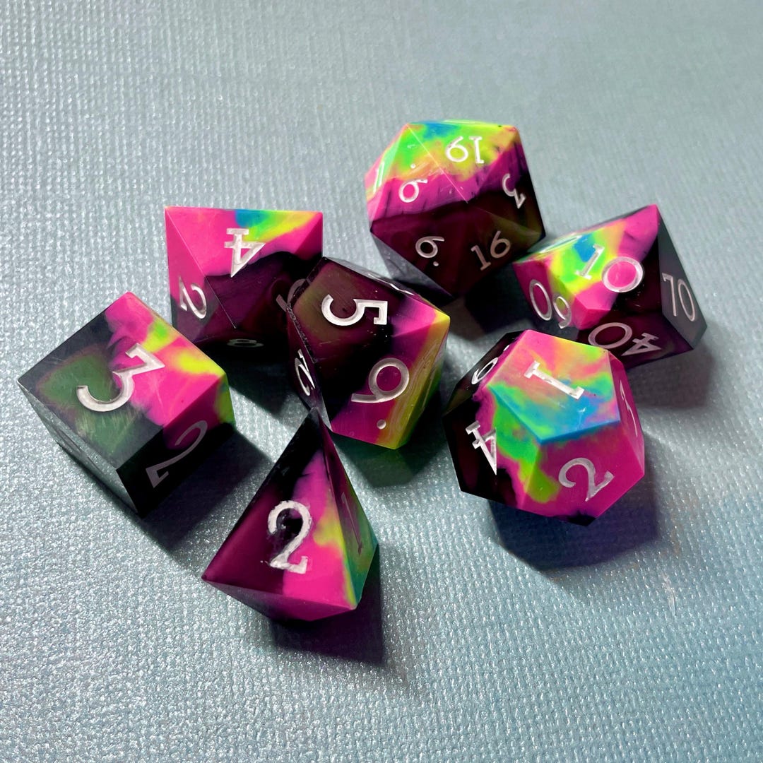 Luminous Fest Neon Rainbow and Black Fluorescent Polyhedral Dice D&D ...