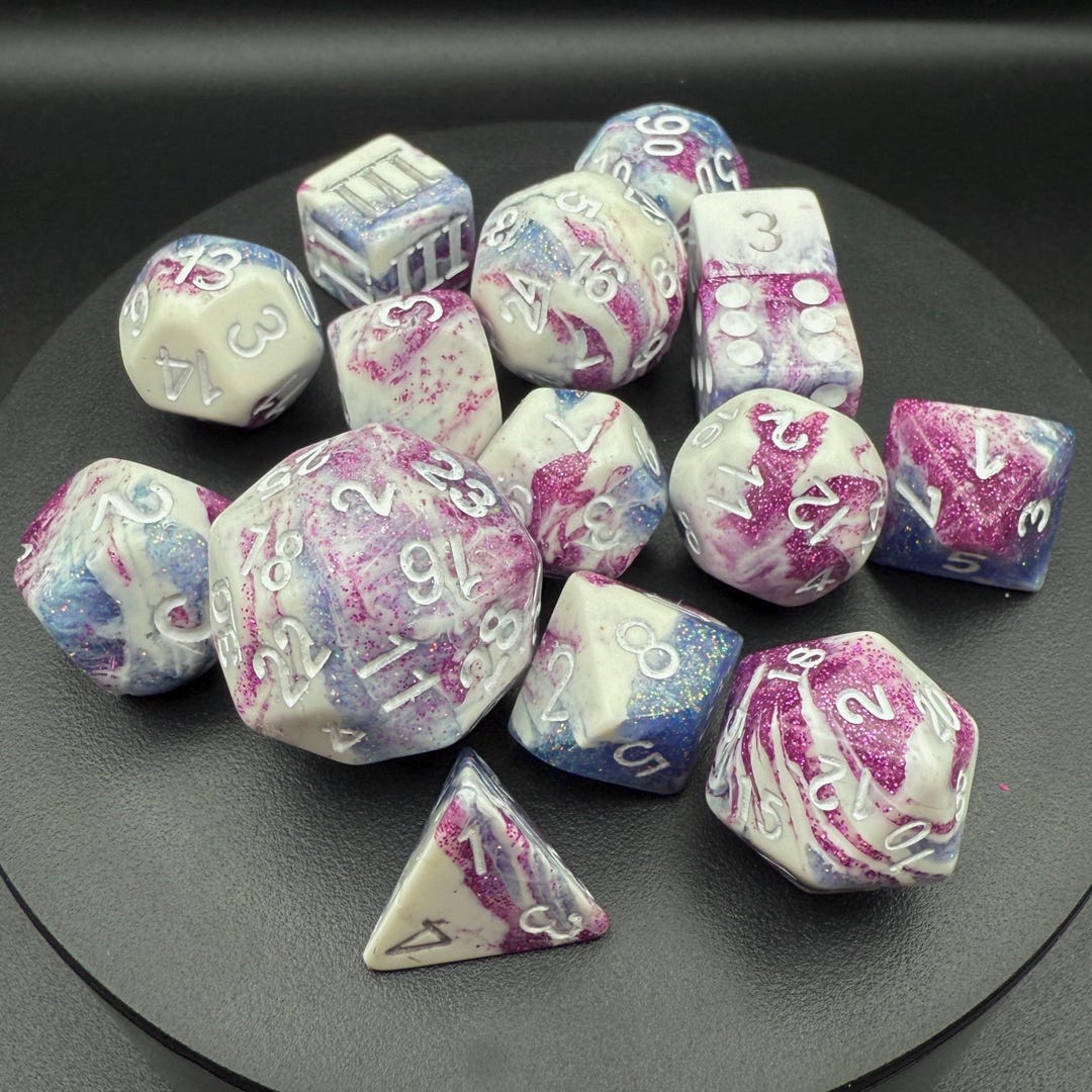 Odd Sided Dice - Retro Strobe- Purple and Pink Glitter on White - Set ...