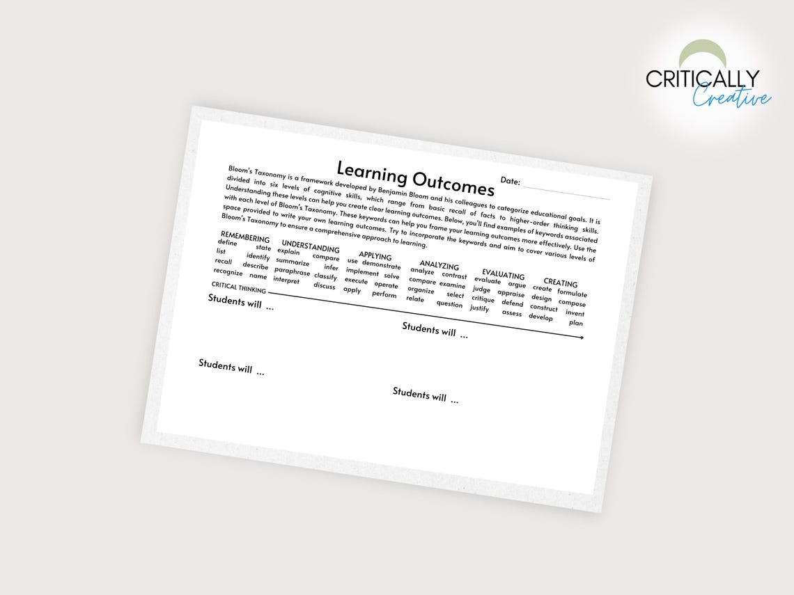 Learning Outcomes Worksheet: Printable Blooms Taxonomy Lesson Planning ...