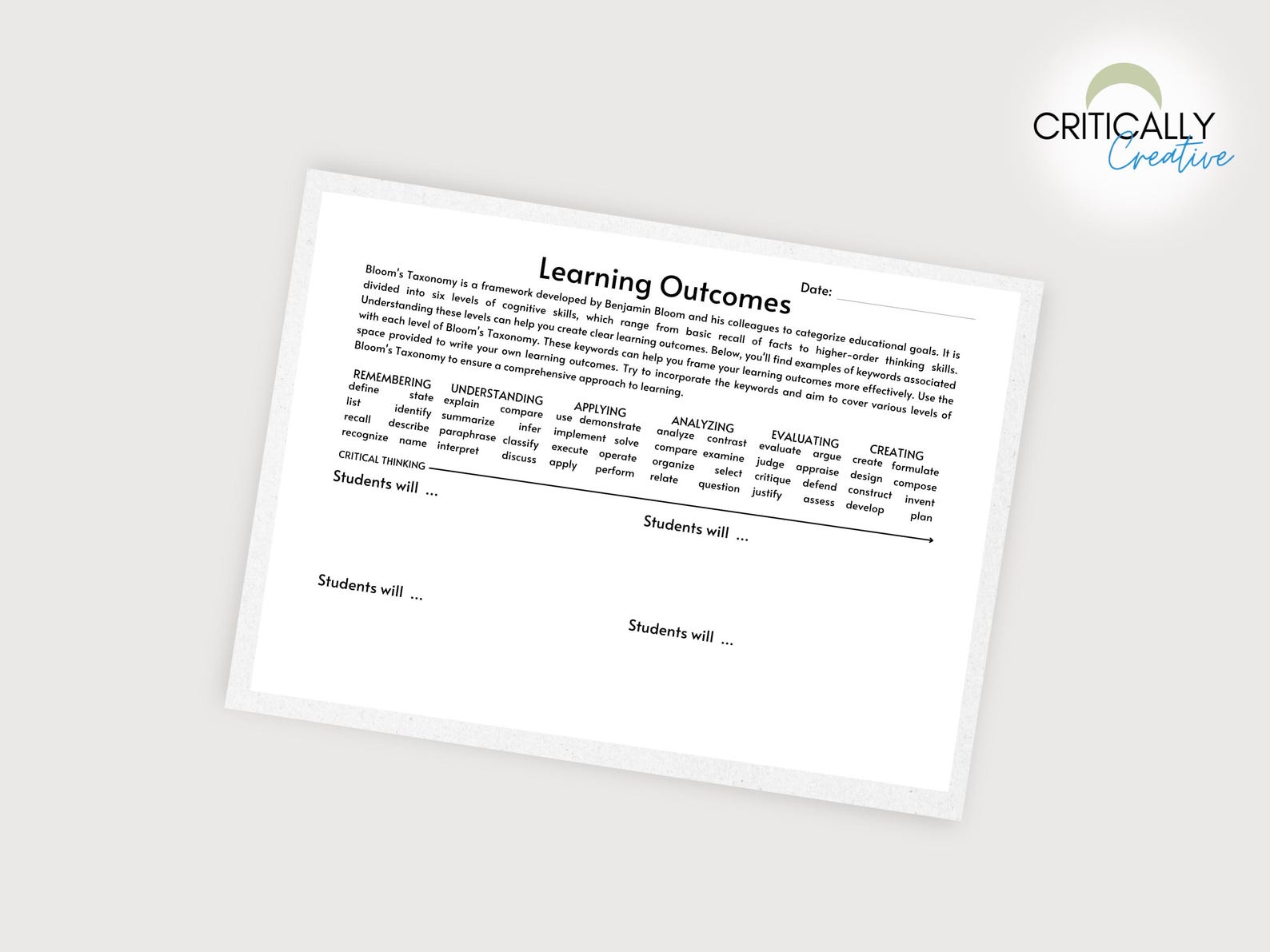 Learning Outcomes Worksheet: Printable Blooms Taxonomy Lesson Planning ...