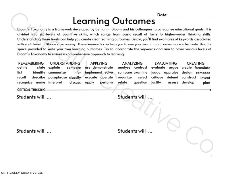 Learning Outcomes Worksheet: Printable Blooms Taxonomy Lesson Planning (PDF) - Etsy