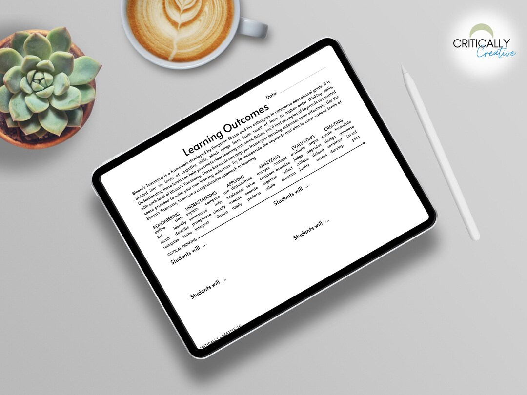 Learning Outcomes Worksheet: Printable Blooms Taxonomy Lesson Planning ...