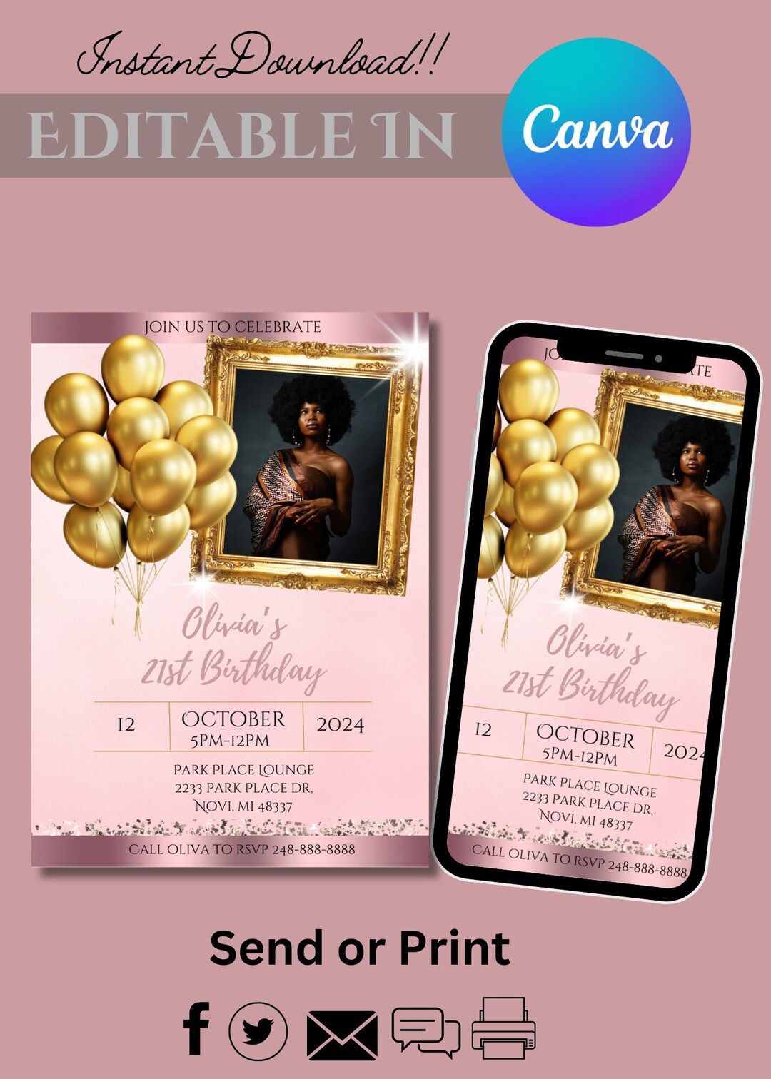 Glam Editable Birthday Party Invitation Template Digital Gold Birthday ...
