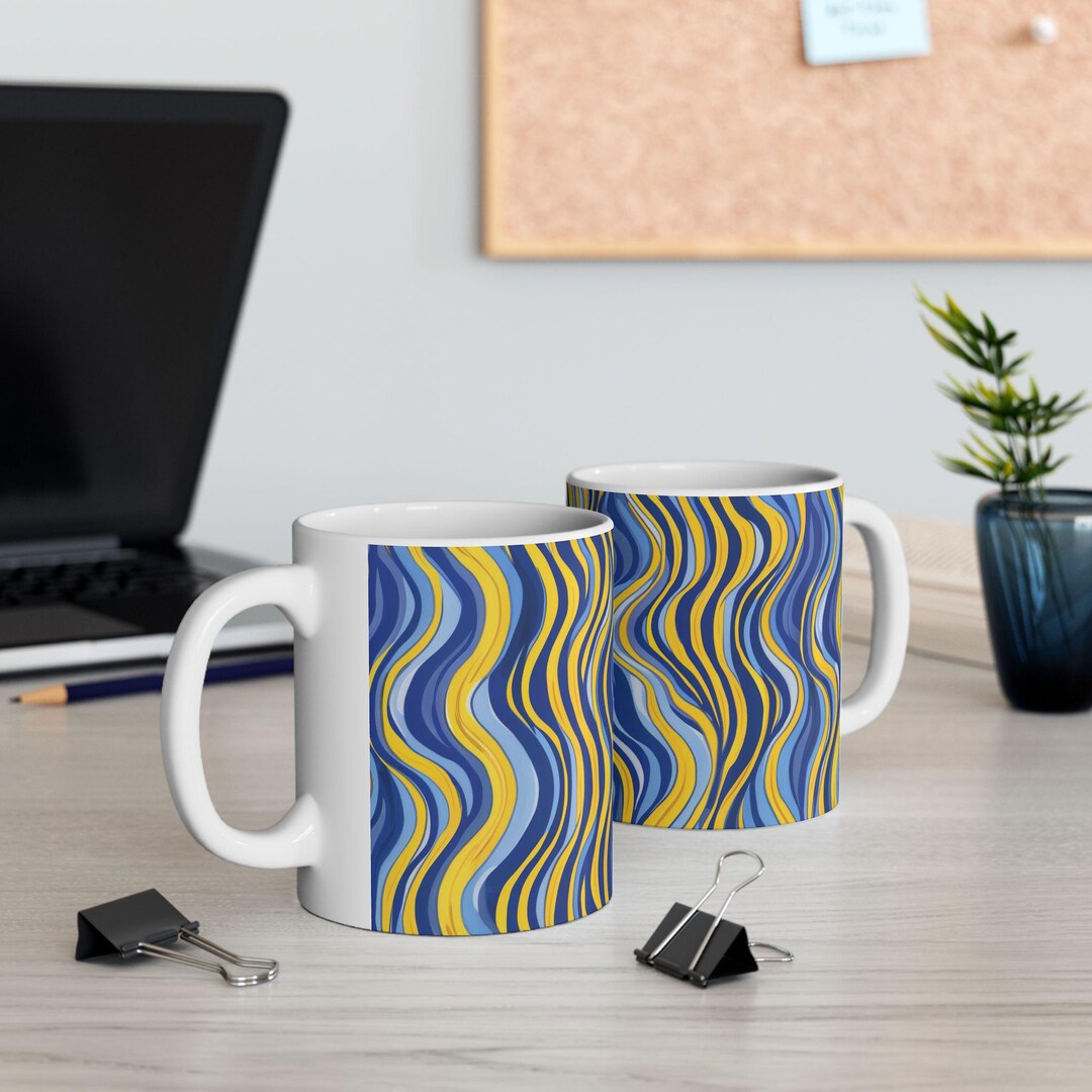 Flowing Lines Mug | Abstract Art Mug | Blue and Yellow Coffee Cup ...