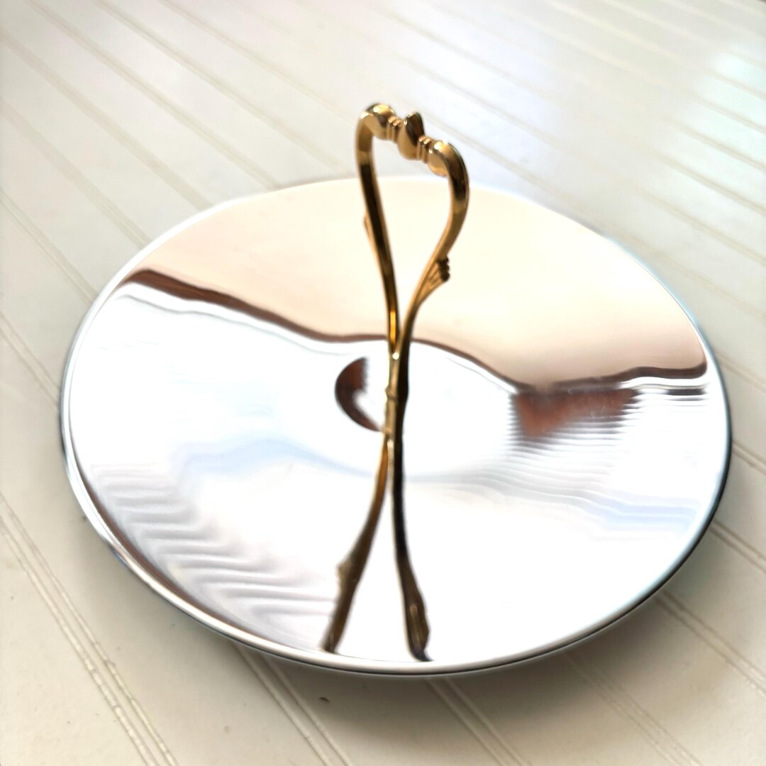 Vintage Shiny Silver Kromex Tray With Gold Brass Carrying Handle ...