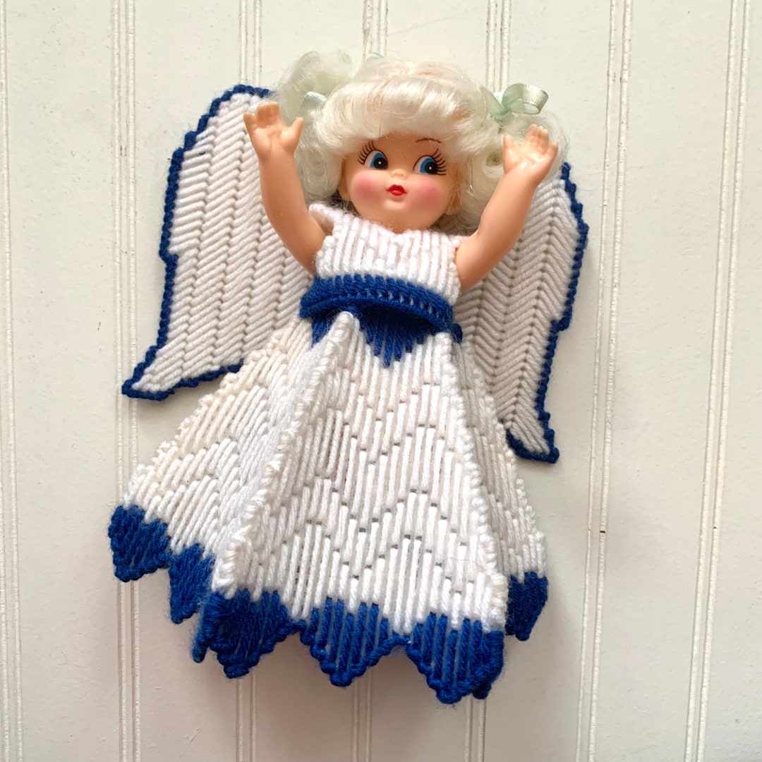 Vintage Handmade Angel Doll Tree Topper, Kit Stitched Blue and White ...