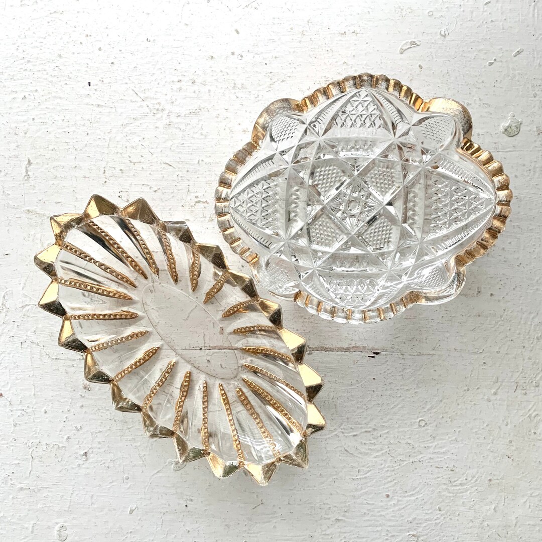 Vintage Gold Trim Glass Candy Dishes, Intricate Crystal Pressed Glass ...