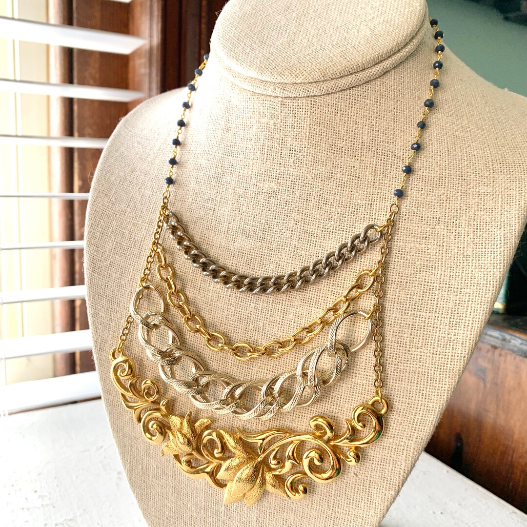 Stepped Swag Chain Bib Necklace in Gold Tones, Vintage Chain Swags and ...