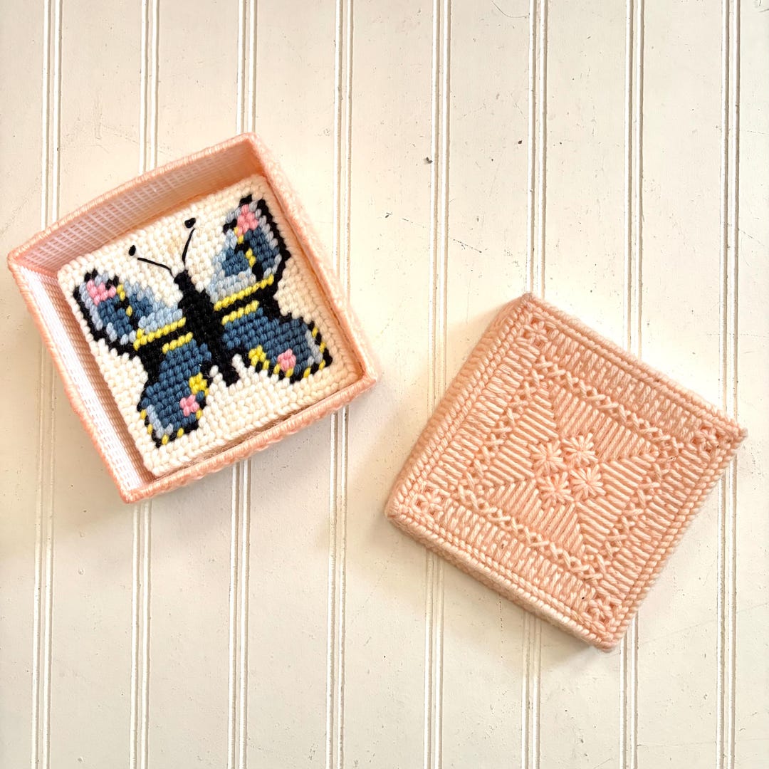 Vintage Handmade Butterfly Drink Coasters in Storage Box, Yarn Stitched ...