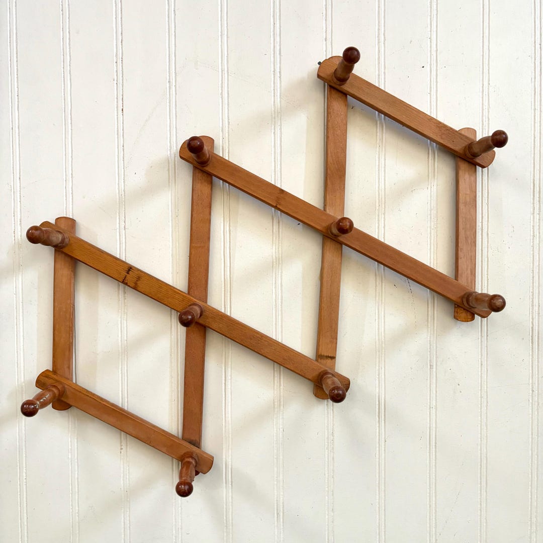 Vintage Wood Peg Rack, Accordion Wall Hanging Storage Hooks, Coat Hat ...
