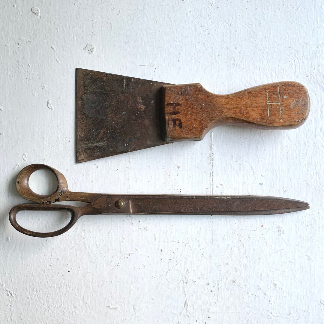 Vintage Primitive Hand Tools, Large Metal Shears Scissors, Wood Handle ...
