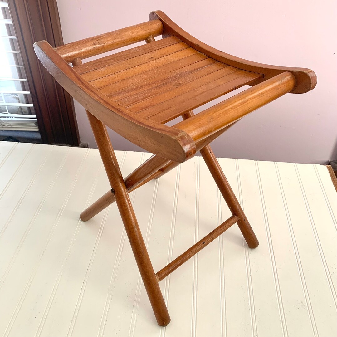 Vintage Wood Fishing Stool, Fold Up, Curved Slatted Seat, Mid Century ...
