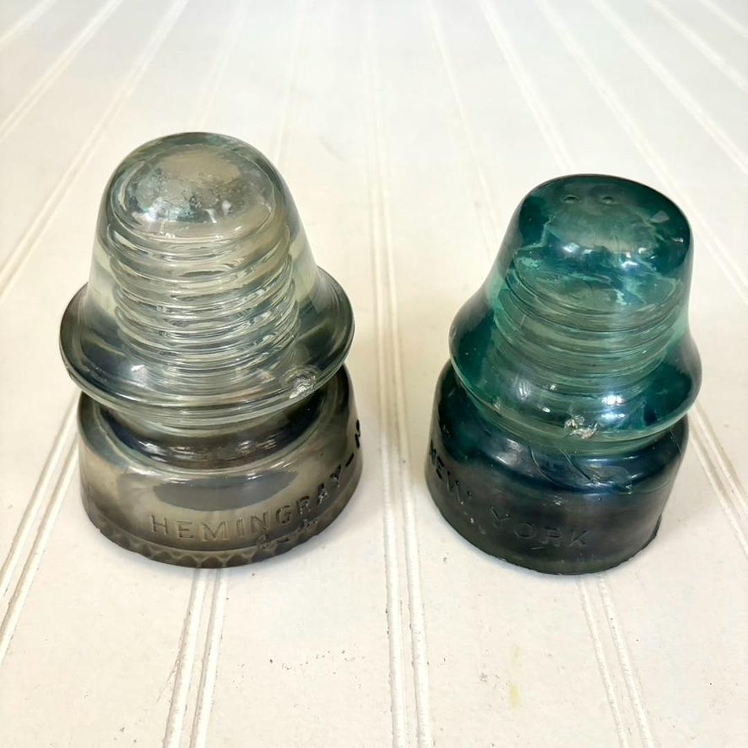 Glass Insulators, Green and Gray Pair, Green W. Brookfield New York ...