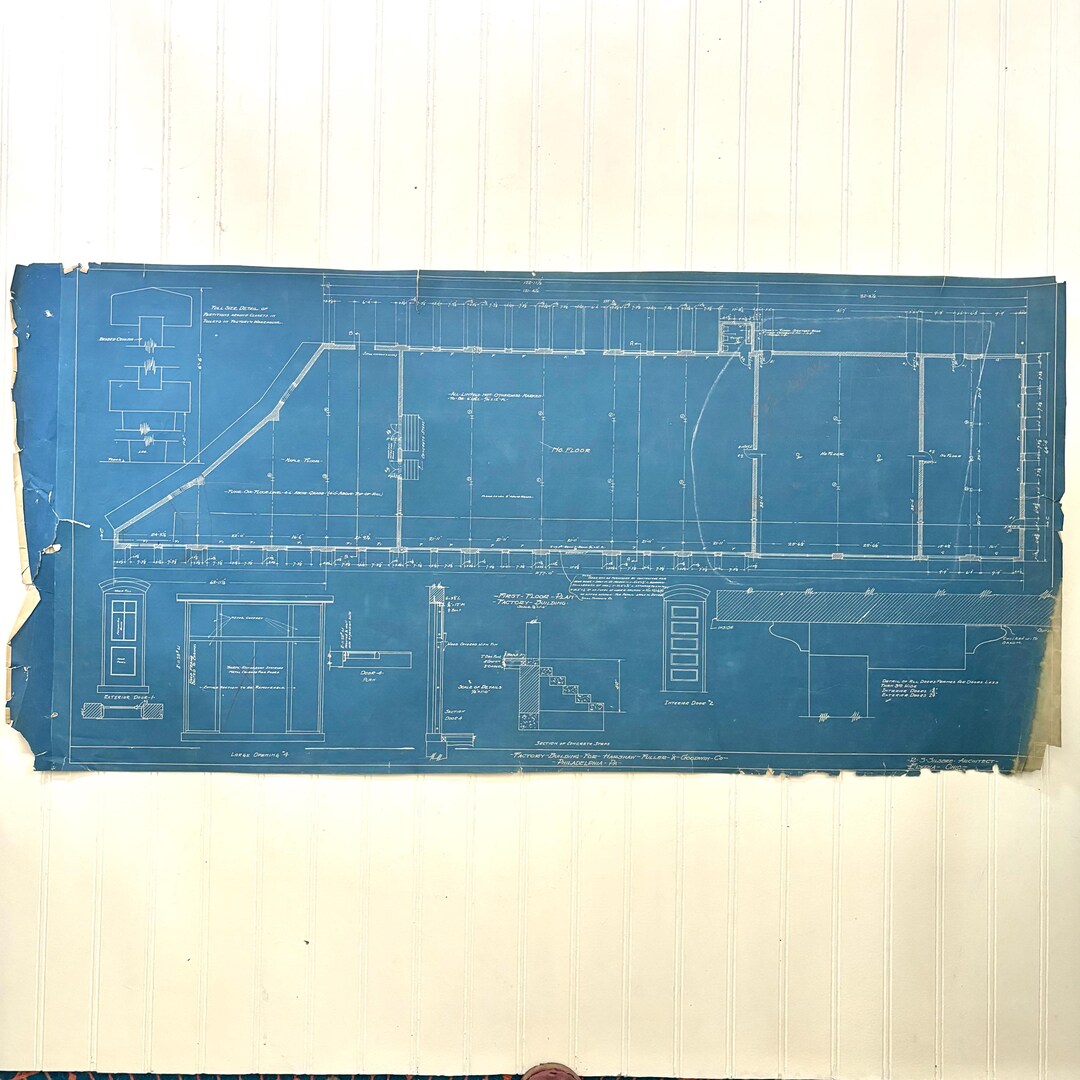 Vintage Early Industrial Blue Print Architectural Drawing, Philadelphia ...