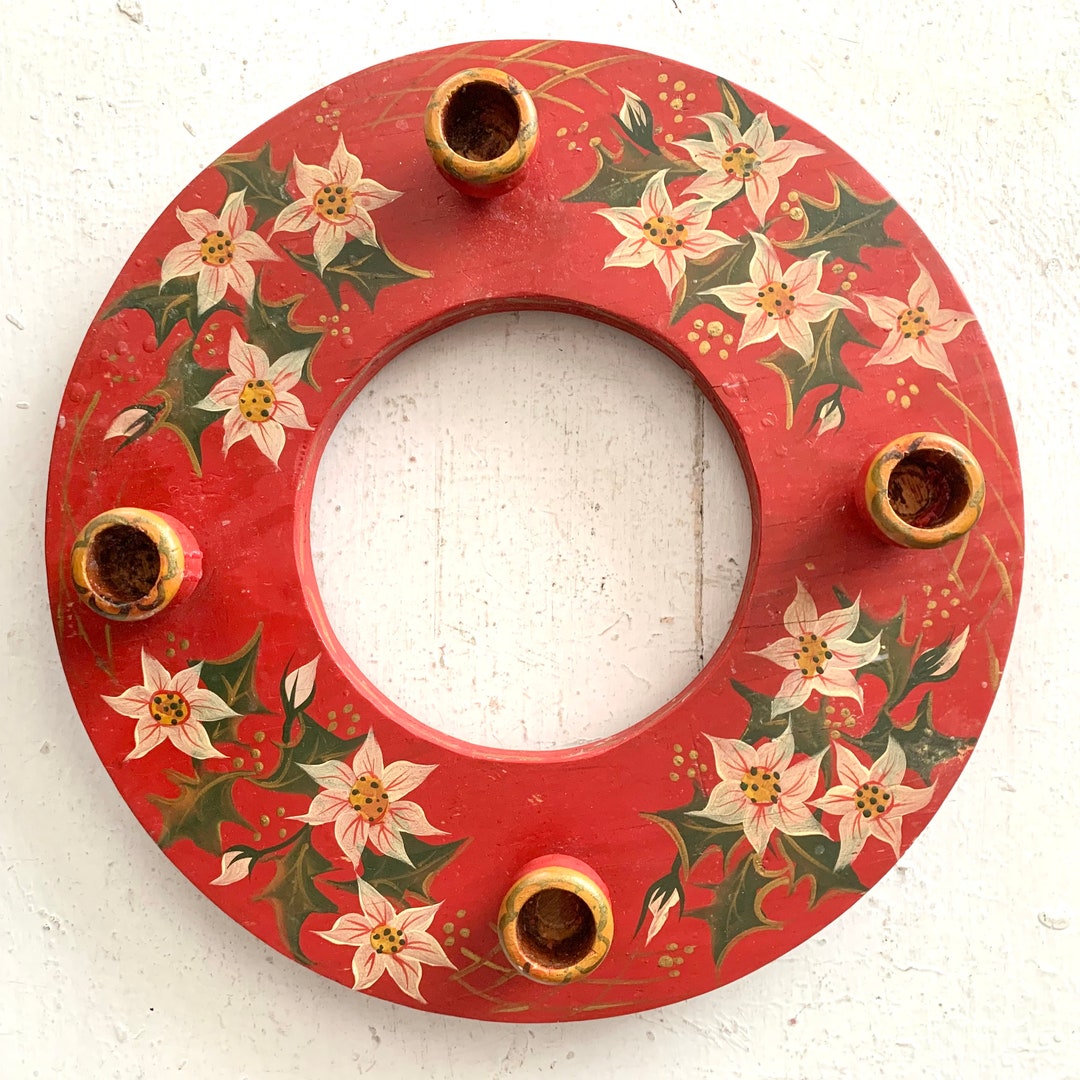 Vintage Red Wood Advent Wreath Candleholder, 4 Pillar Candlestick ...